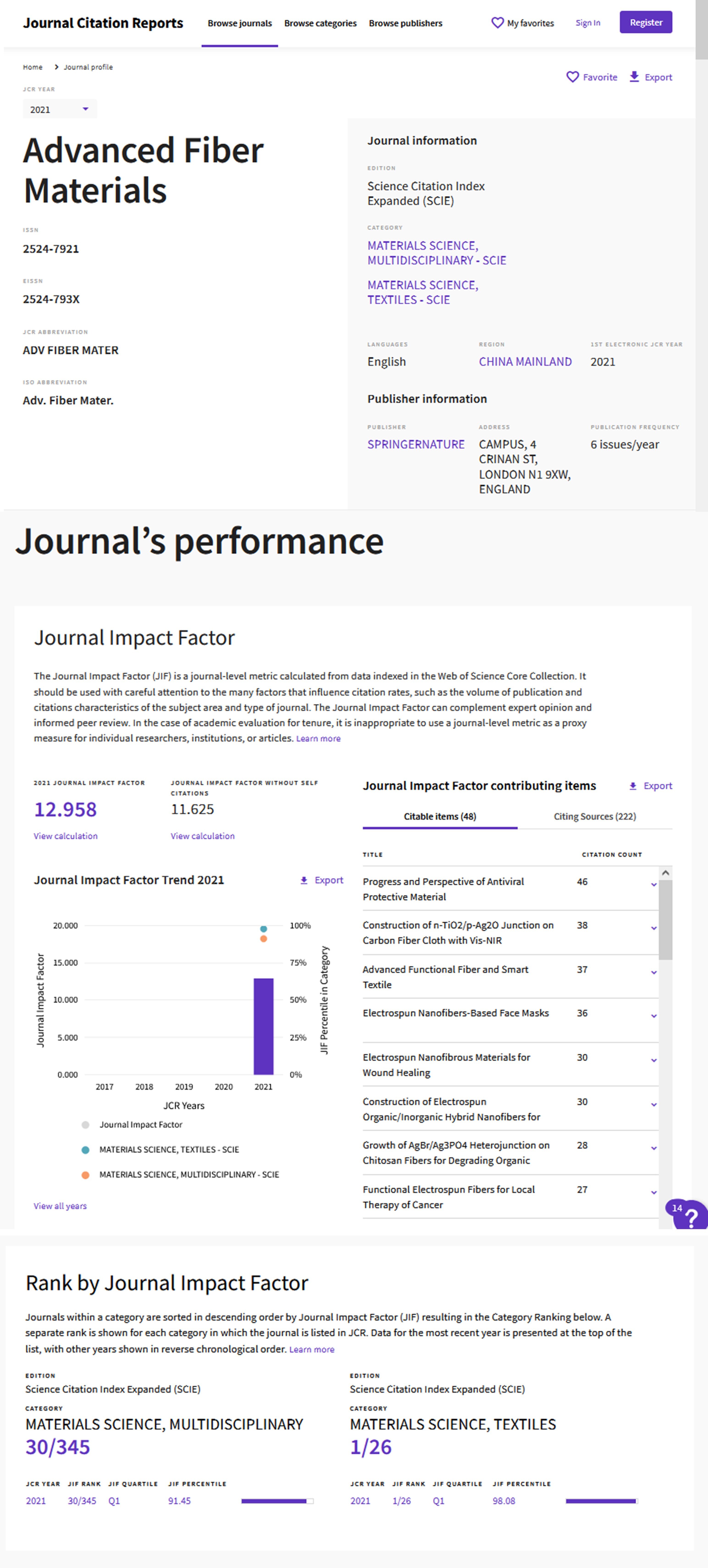 喜讯！Advanced Fiber Materials（先进纤维材料）获首个影响因子12.958！